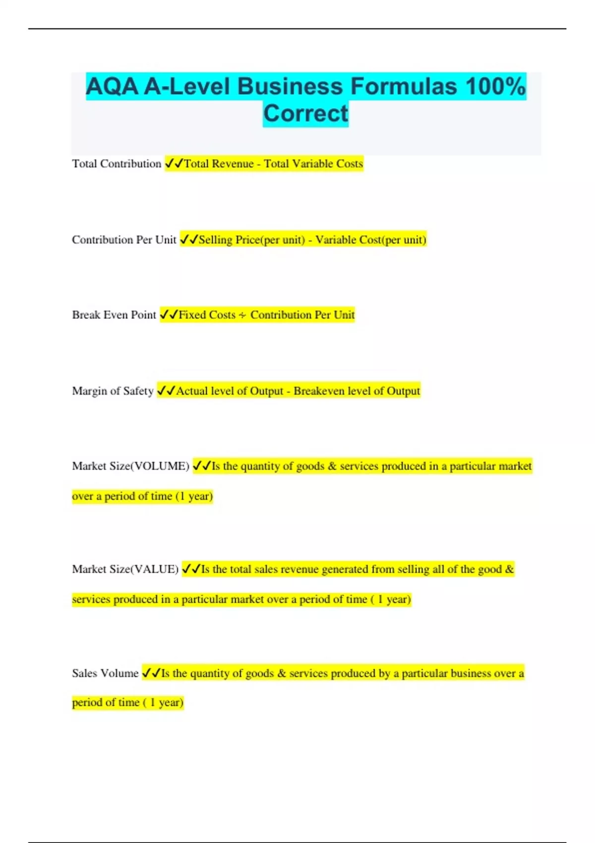 AQA A-Level Business Formulas 100% Correct - AQA A-Level Business ...