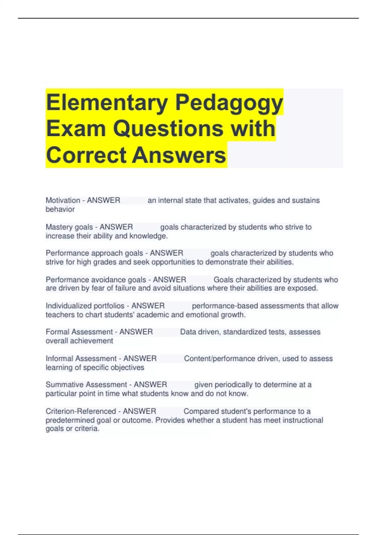 Elementary Pedagogy Exam Questions with Correct Answers - Elementary ...