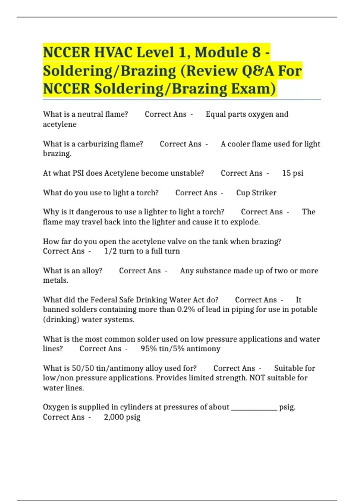 NCCER HVAC Level 1, Module 8 - Soldering/Brazing (Review Q&A For NCCER ...