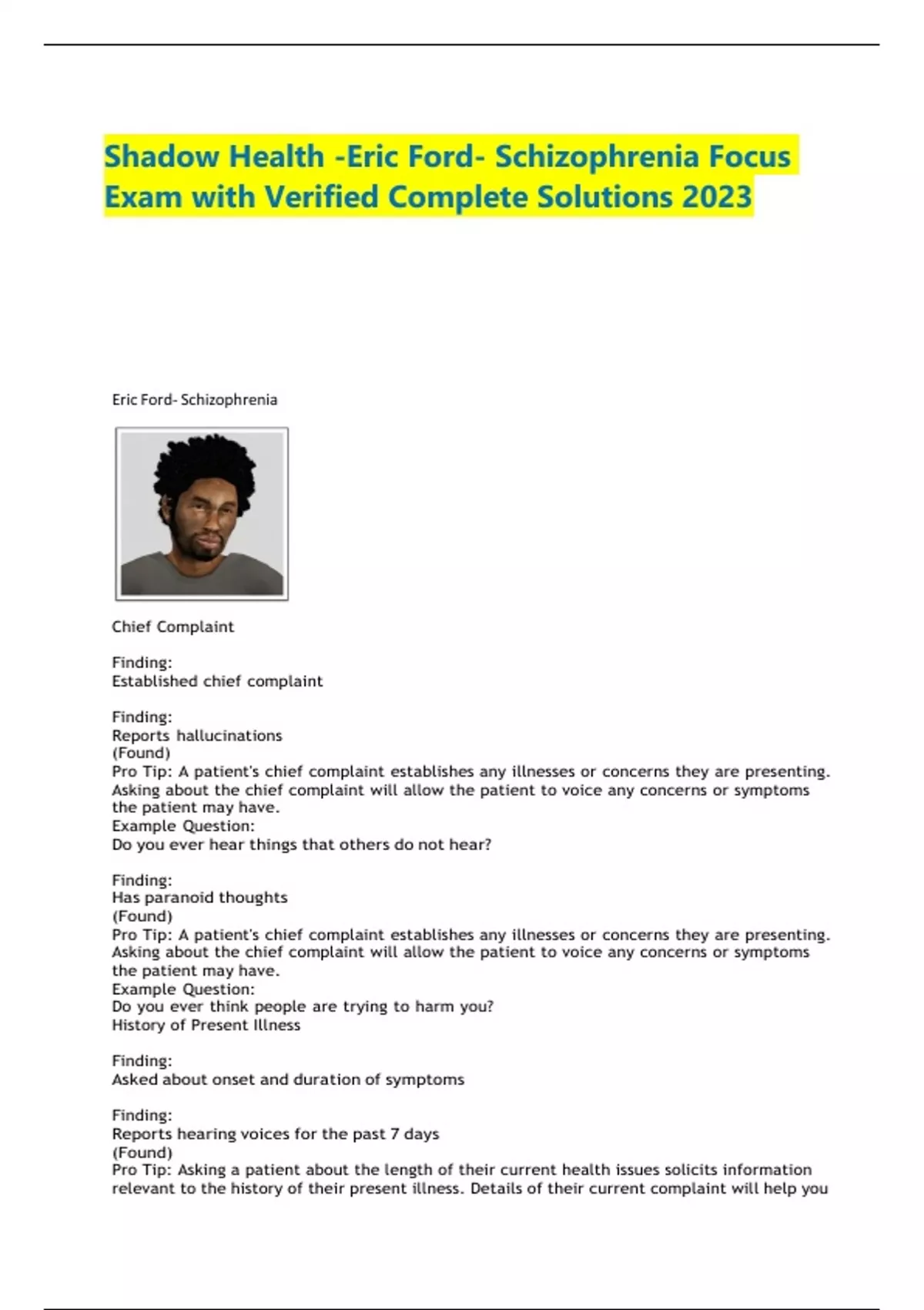 Shadow Health -Eric Ford- Schizophrenia Focus Exam with Verified Complete Solutions 2023 ...