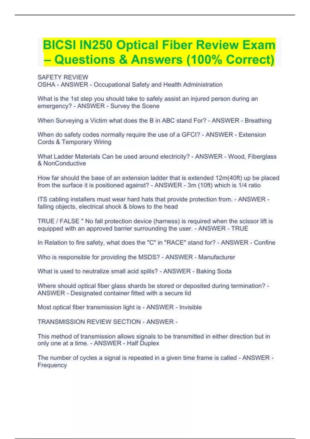 BICSI IN250 Optical Fiber Review Exam – Questions & Answers (100% ...