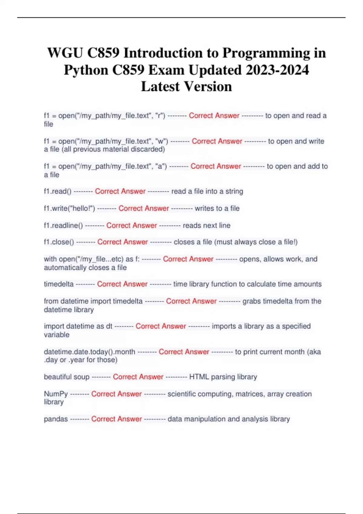 Wgu C859 Introduction To Programming In Python C859 Exam Updated Latest Version Wgu C859