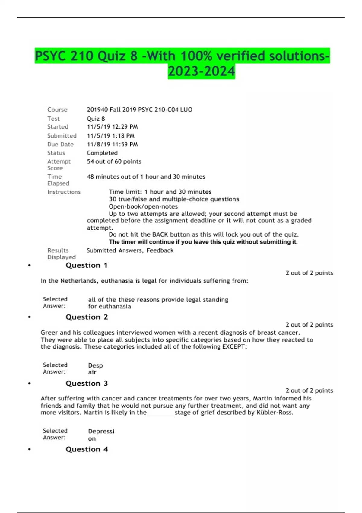 PSYC 210 Quiz 8 -With 100% verified solutions- - PSYC 210 (PSYC210 ...