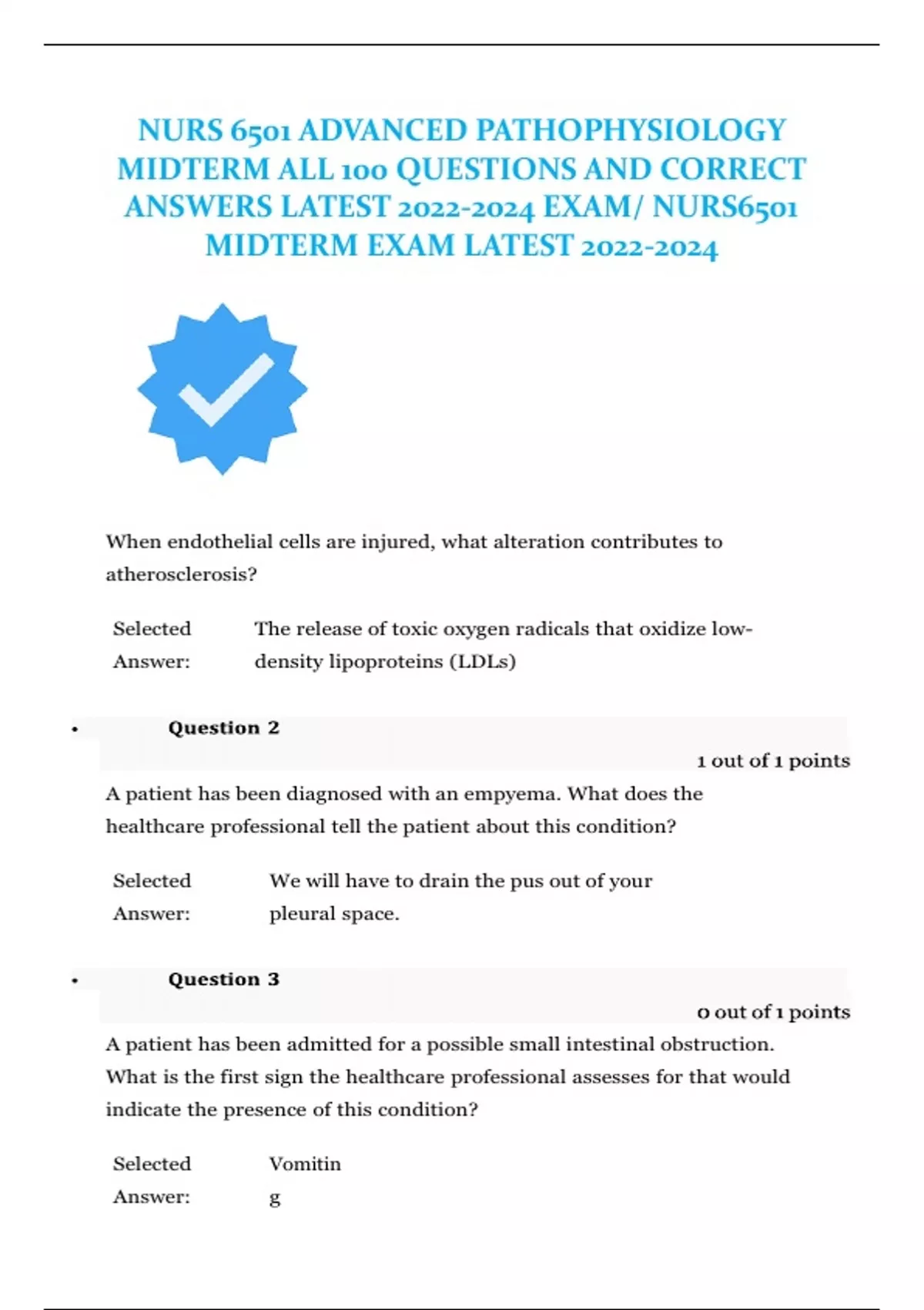 NURS 6501 ADVANCED PATHOPHYSIOLOGY MIDTERM ALL 100 QUESTIONS AND ...