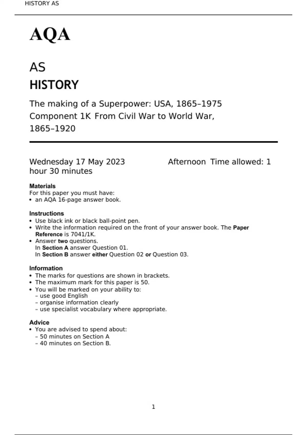 AQA AS HISTORY The making of a Superpower: USA, 1865–1975 Component 1K ...