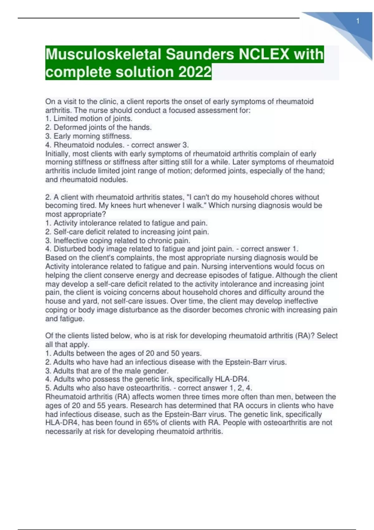 Musculoskeletal Saunders NCLEX with complete solution 2022 Updated ...