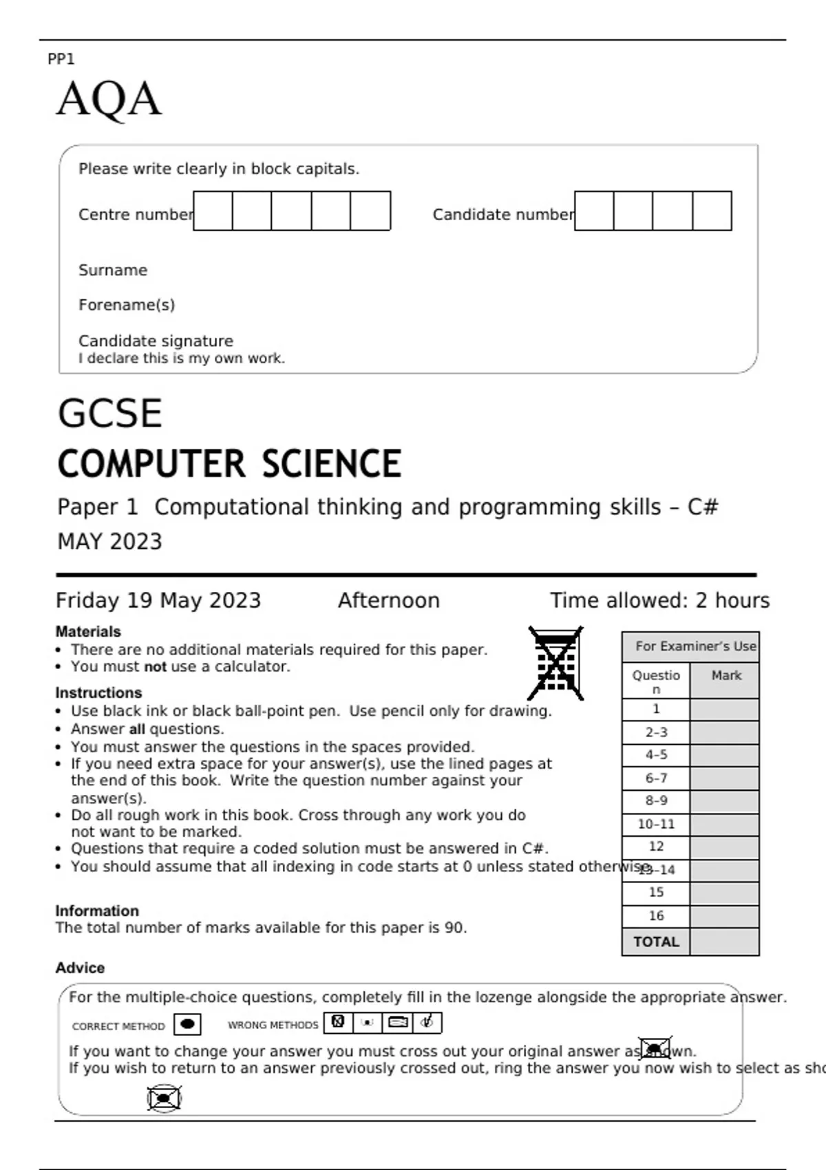 AQA GCSE COMPUTER SCIENCE Paper 1 MAY 2023 FINAL QUESTION PAPER Computational thinking and ...