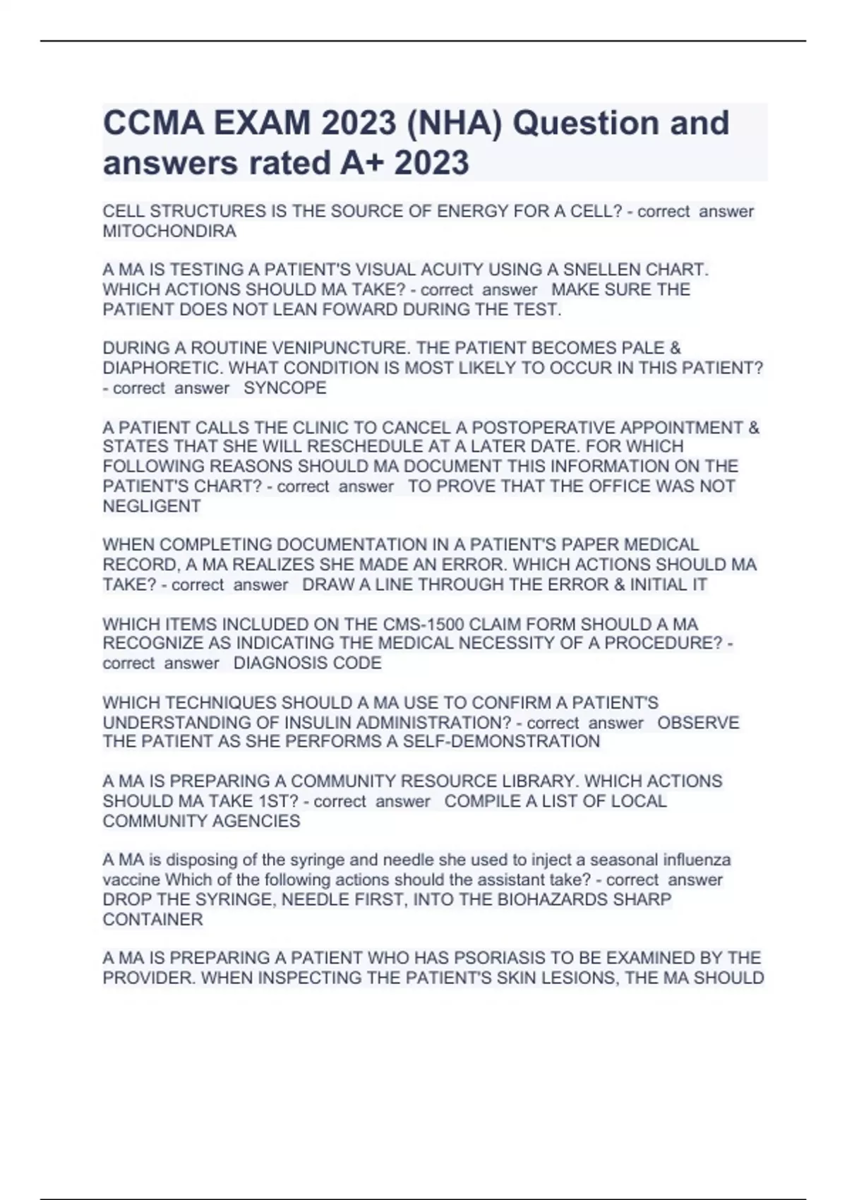 CCMA EXAM 2023 (NHA) Question and answers rated A+ 2023 - CCMA 2023 ...