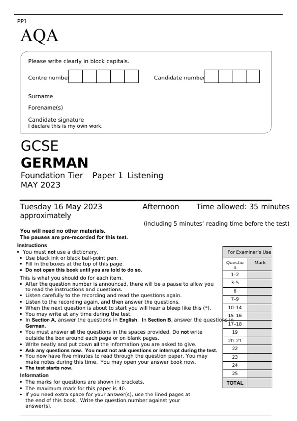 AQA GCSE GERMAN Foundation Tier Paper 1 MAY 2023 FINAL QUESTION PAPER ...