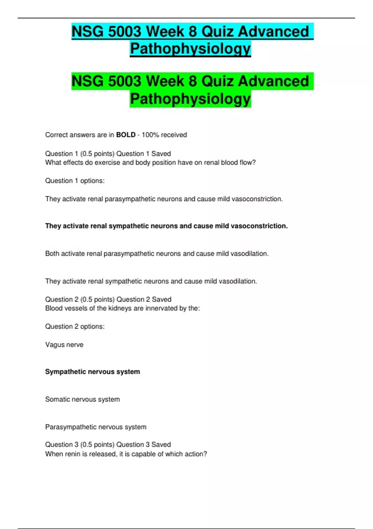 NSG 5003 Week 8 Quiz Advanced Pathophysiology with all answers CORRECT AND VERIFIED NSG 5003 ...