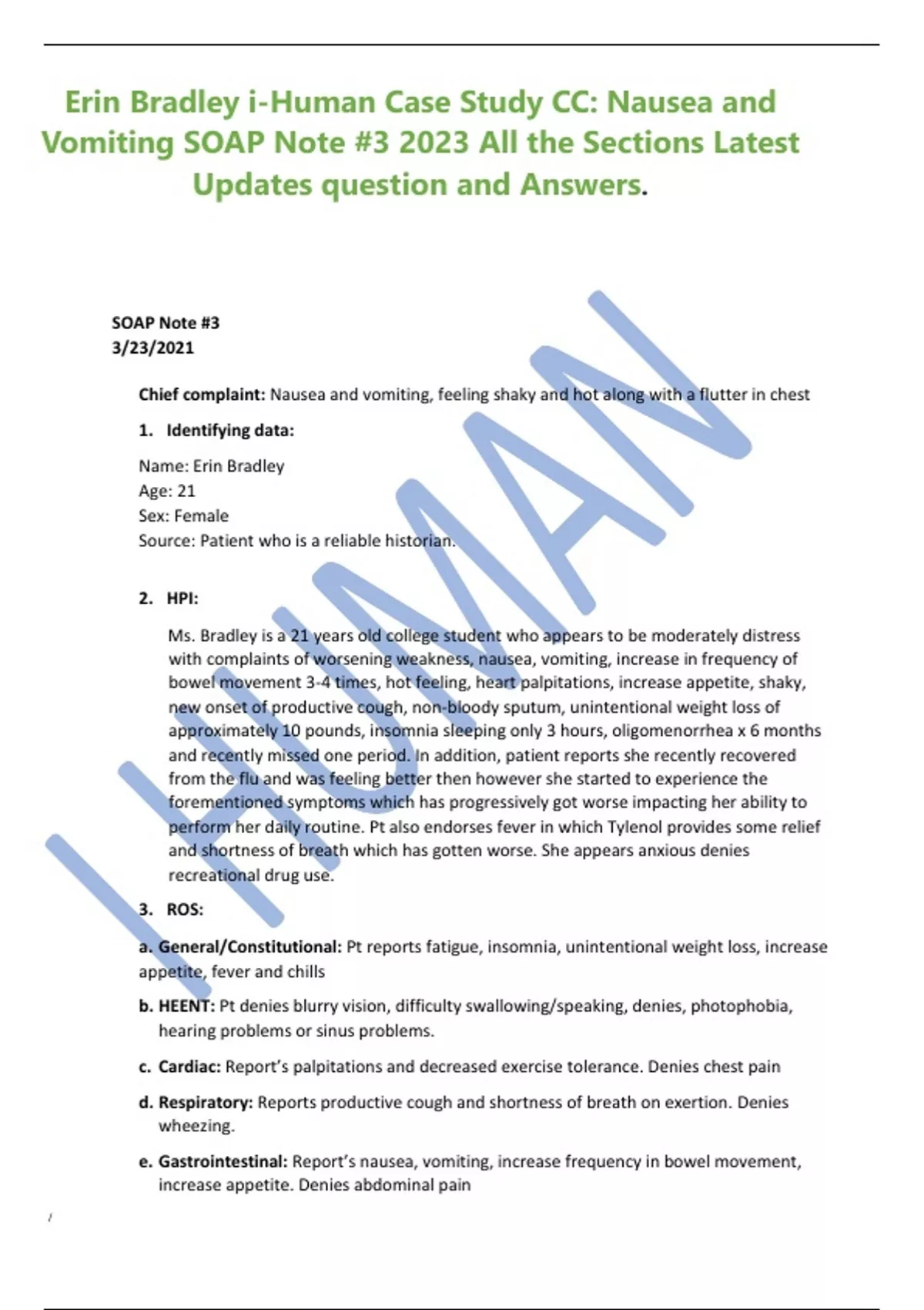 Erin Bradley i-Human Case Study CC: Nausea and Vomiting SOAP Note #3 ...