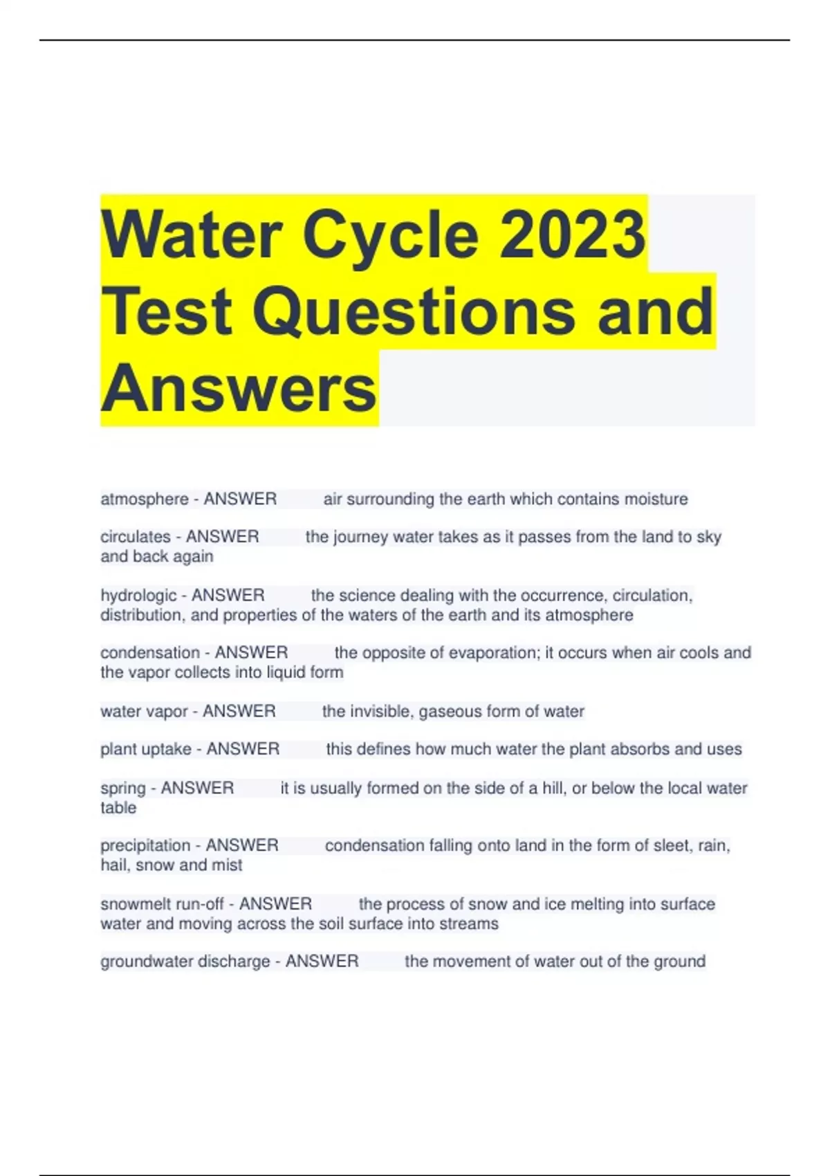 Water Cycle 2023 Test Questions and Answers - Water Cycle - Stuvia US