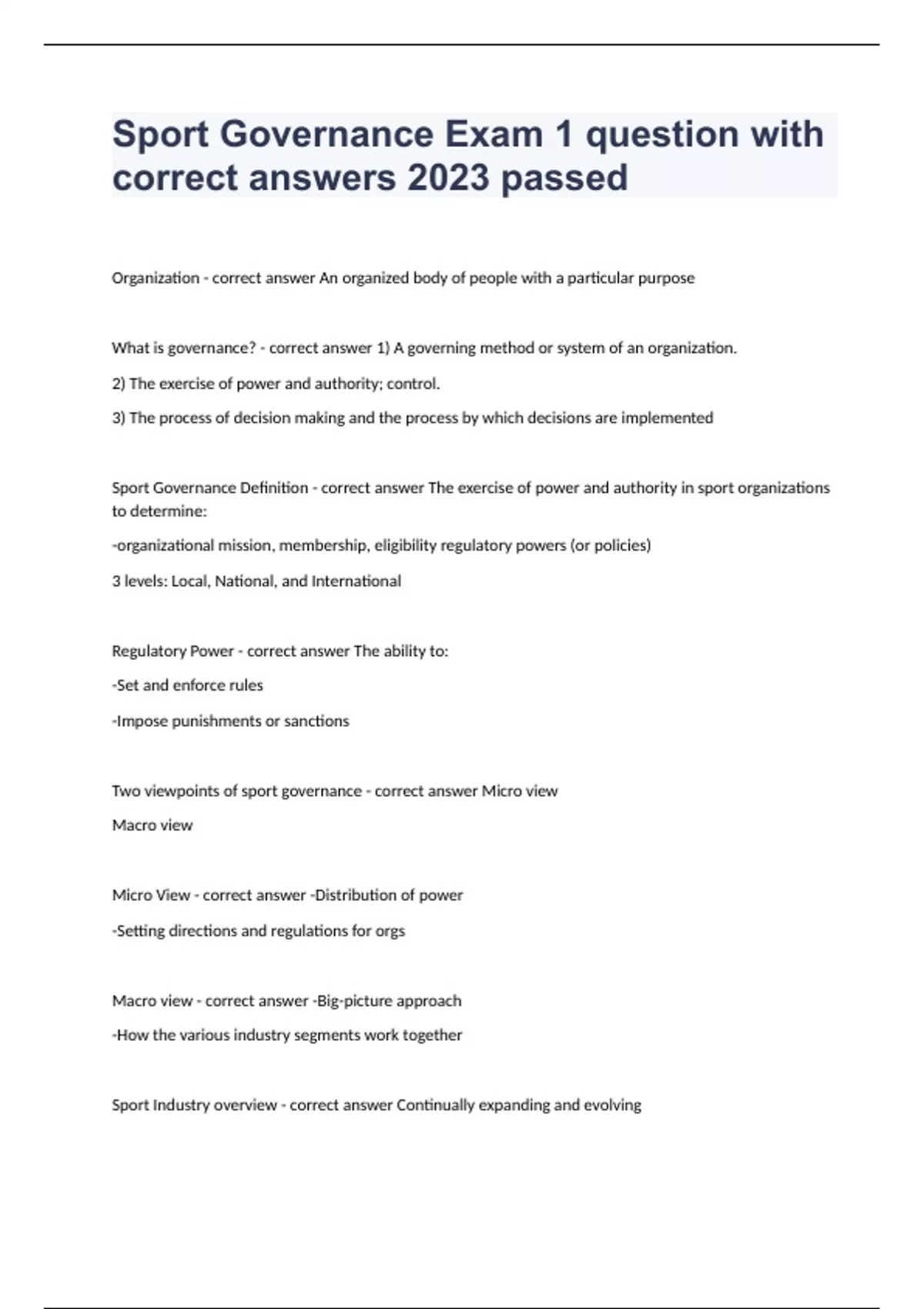 Sport Governance Exam 1 question with correct answers 2023 passed ...
