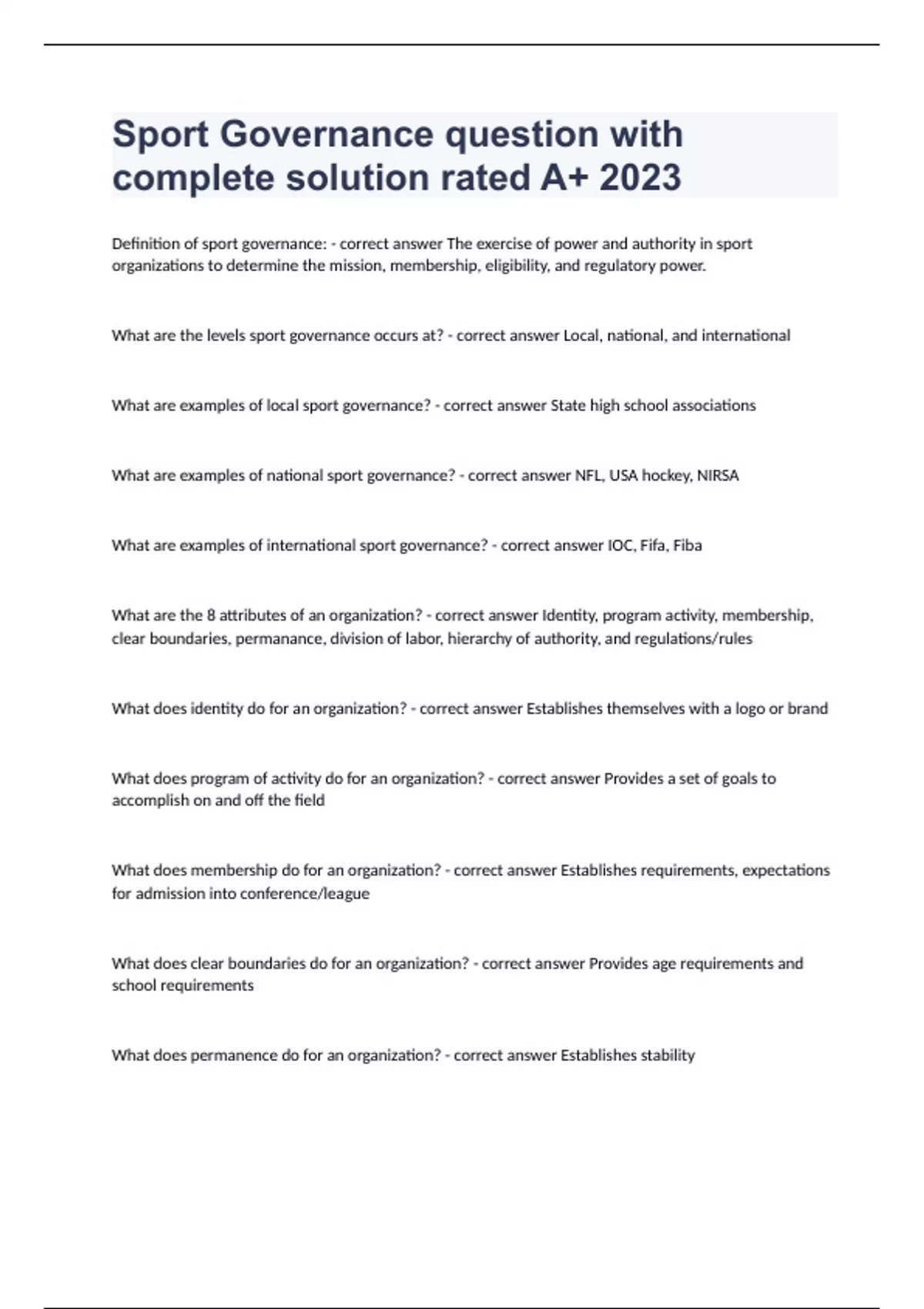 Sport Governance question with complete solution rated A+ 2023 - Sports ...