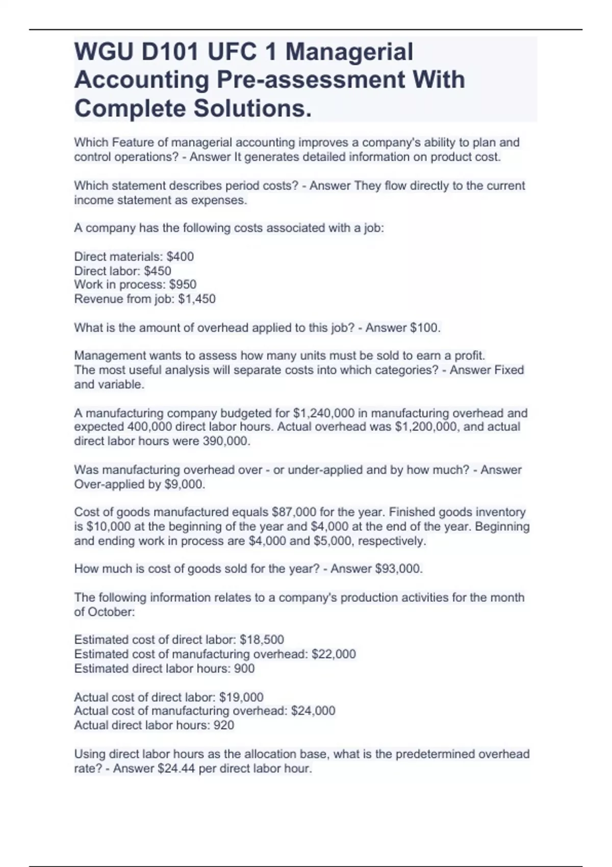 WGU D101 UFC 1 MANAGERIAL ACCOUNTING PRE-ASSESSMENT WITH COMPLETE ...