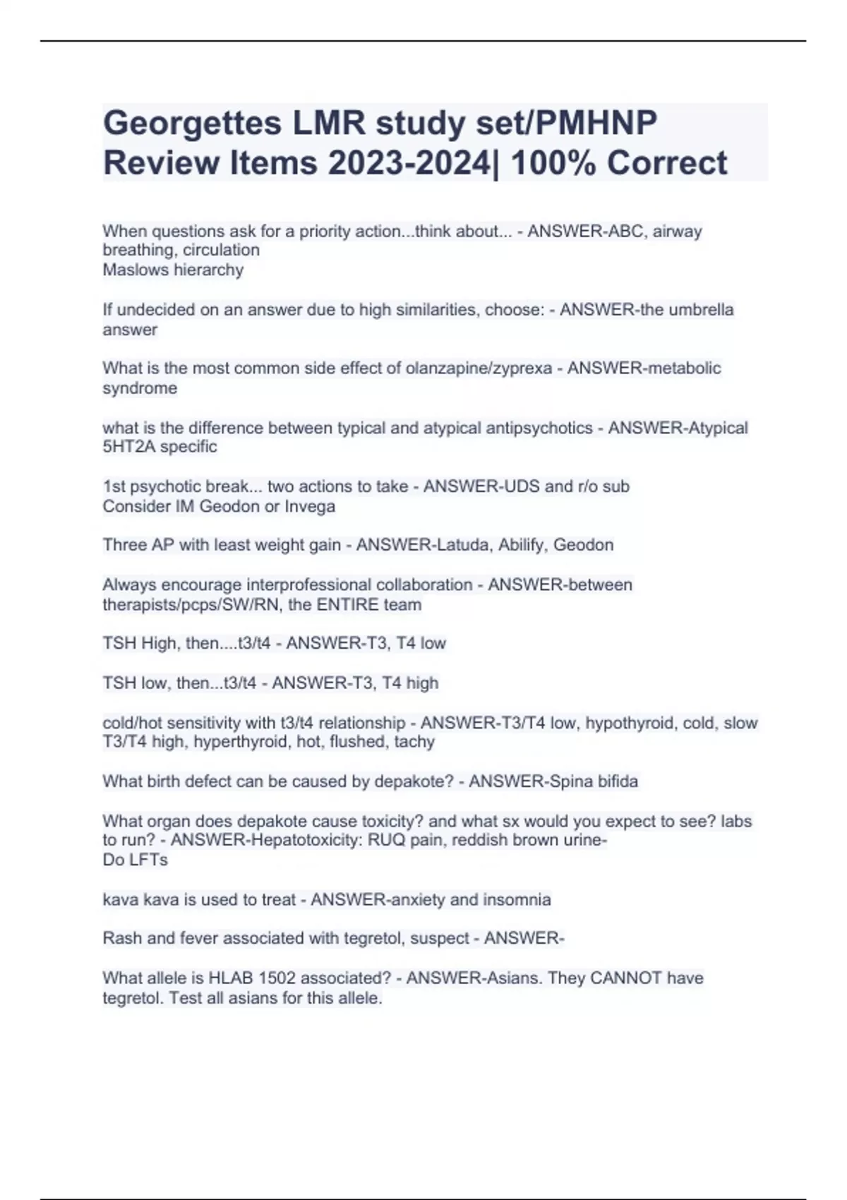 Georgettes LMR/PMHNP Exam BUNDLE with Complete Solutions - Stuvia US