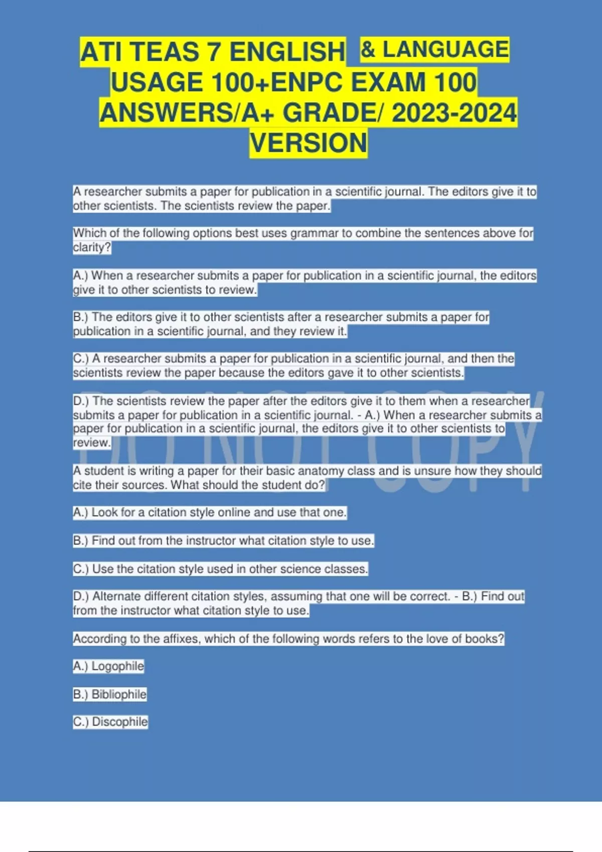 ATI TEAS 7 ENGLISH & LANGUAGE USAGE 100+ENPC EXAM 100 QUESTIONS AND 100 ...