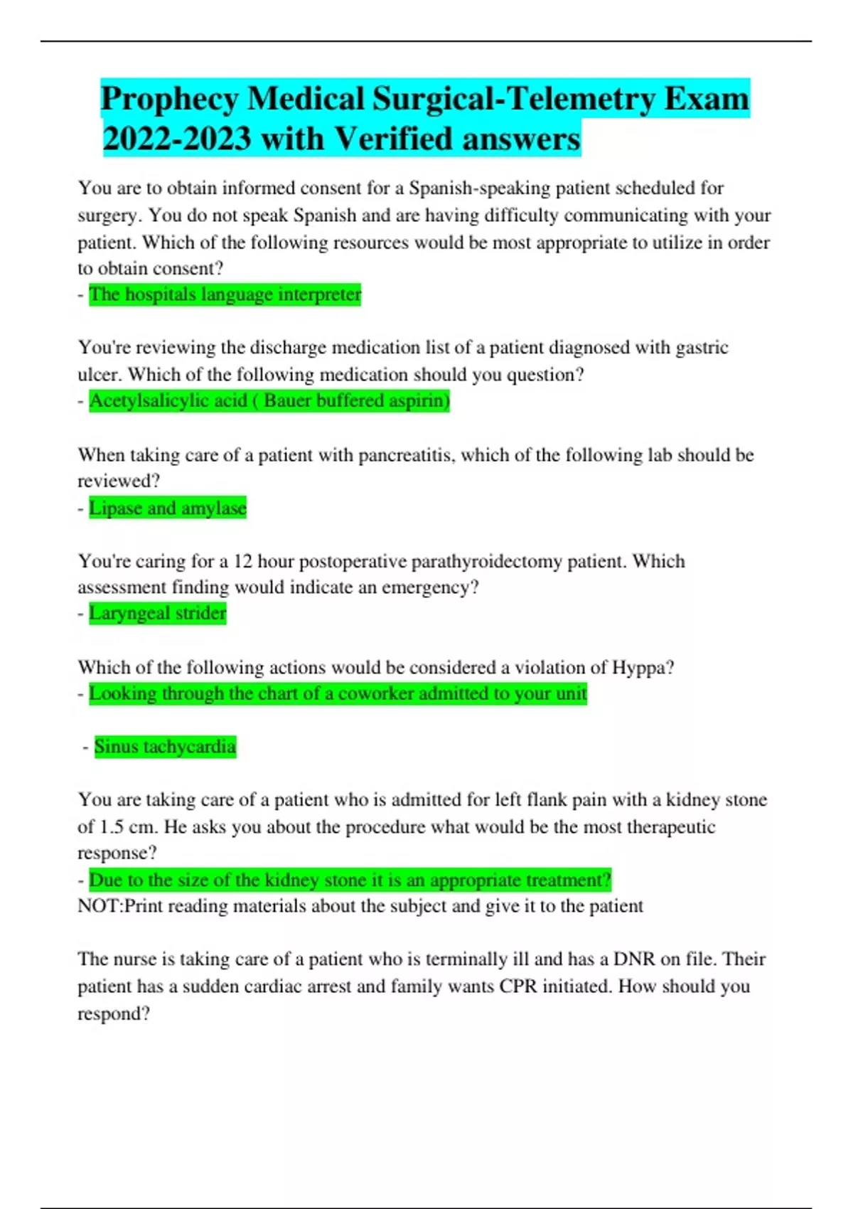 Prophecy Medical Surgical-Telemetry Exam with Verified answers ...