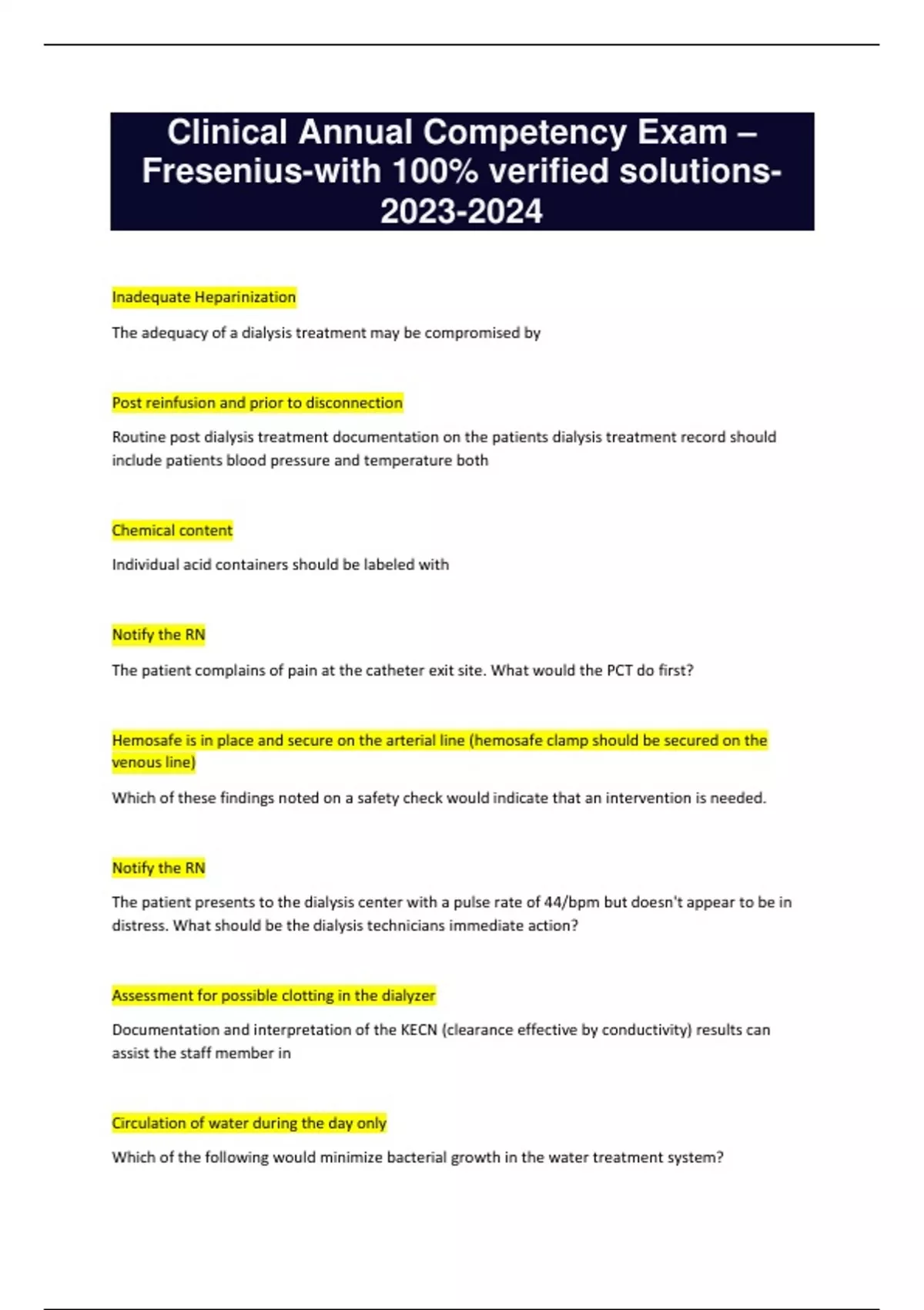 Clinical Annual Competency Exam – Fresenius-with 100% verified ...