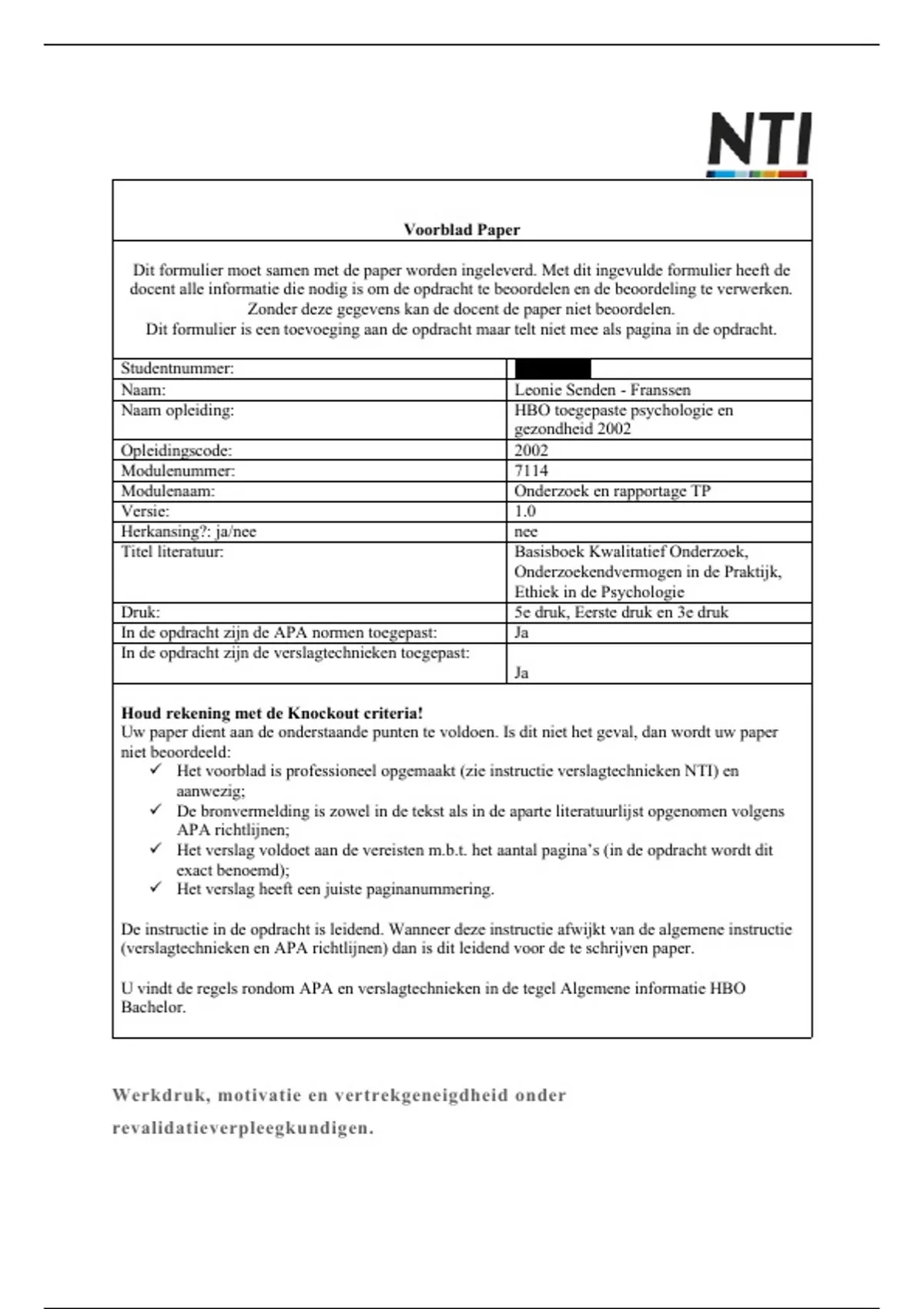 onderzoek en rapportage paper 1e jaar toegepaste psychologie - Onderzoek en rapportage (7114 ...