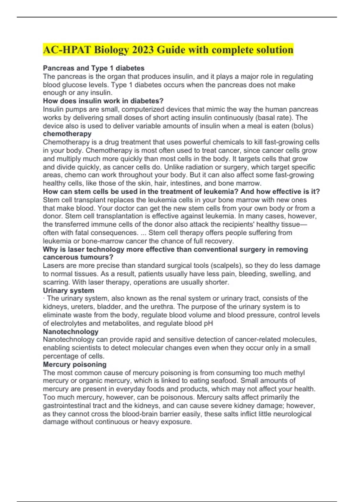 AC-HPAT Biology 2023 Guide with complete solution - AC-HPAT - Stuvia US