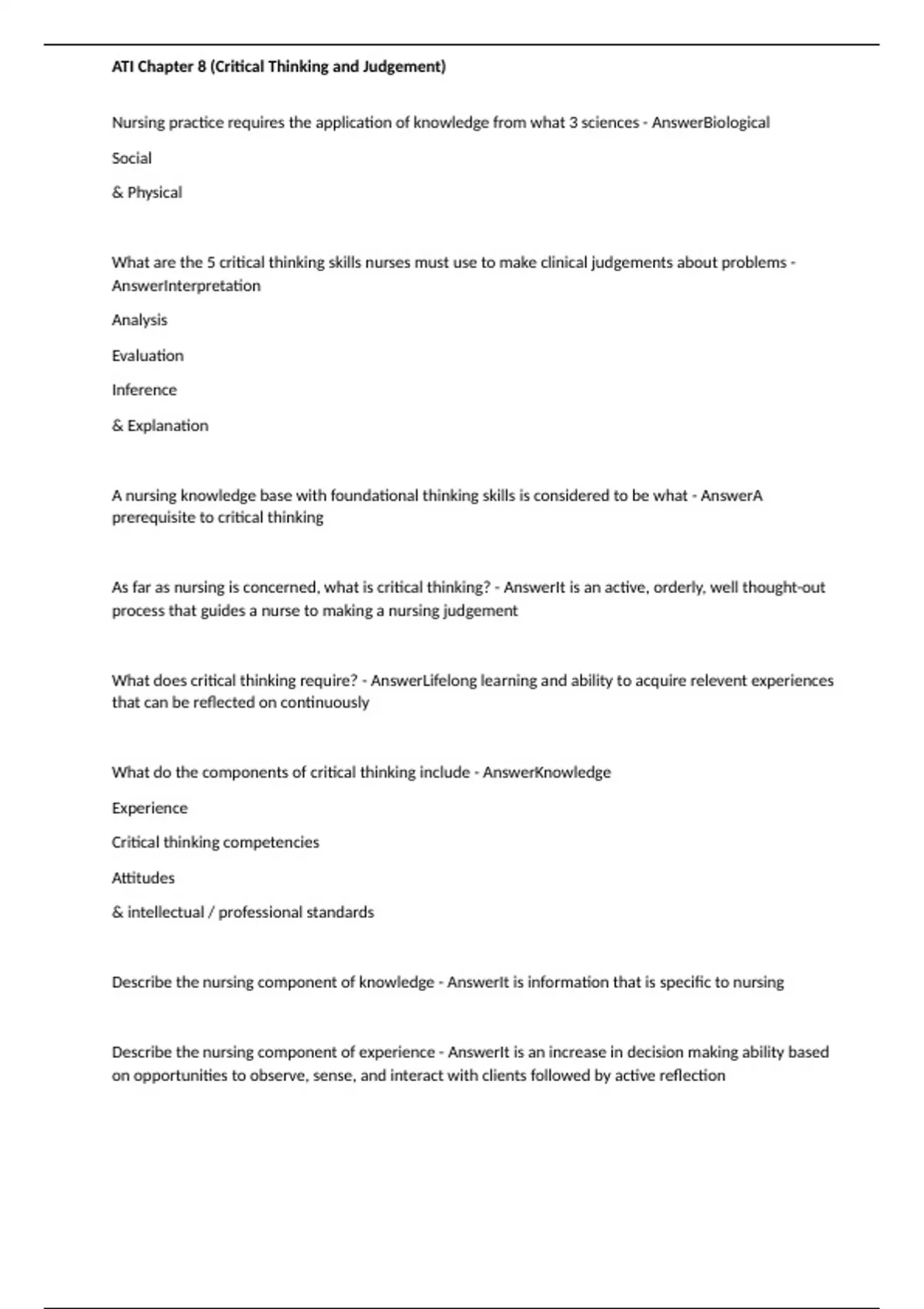 ATI Chapter 8 (Critical Thinking and Judgement) Questions with Complete ...