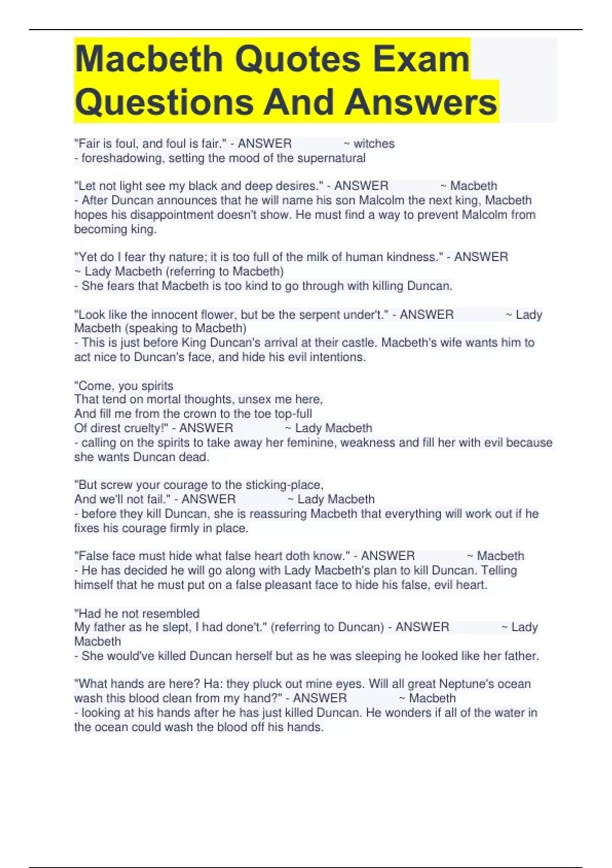 Macbeth Quotes Exam Questions And Answers - Macbeth Quotes - Stuvia US