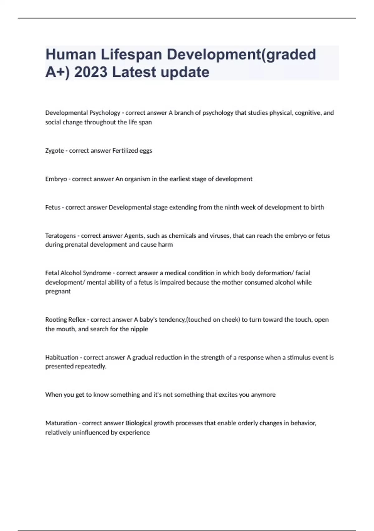 Human Lifespan Development(graded A+) 2023 Latest update - Lifespan ...