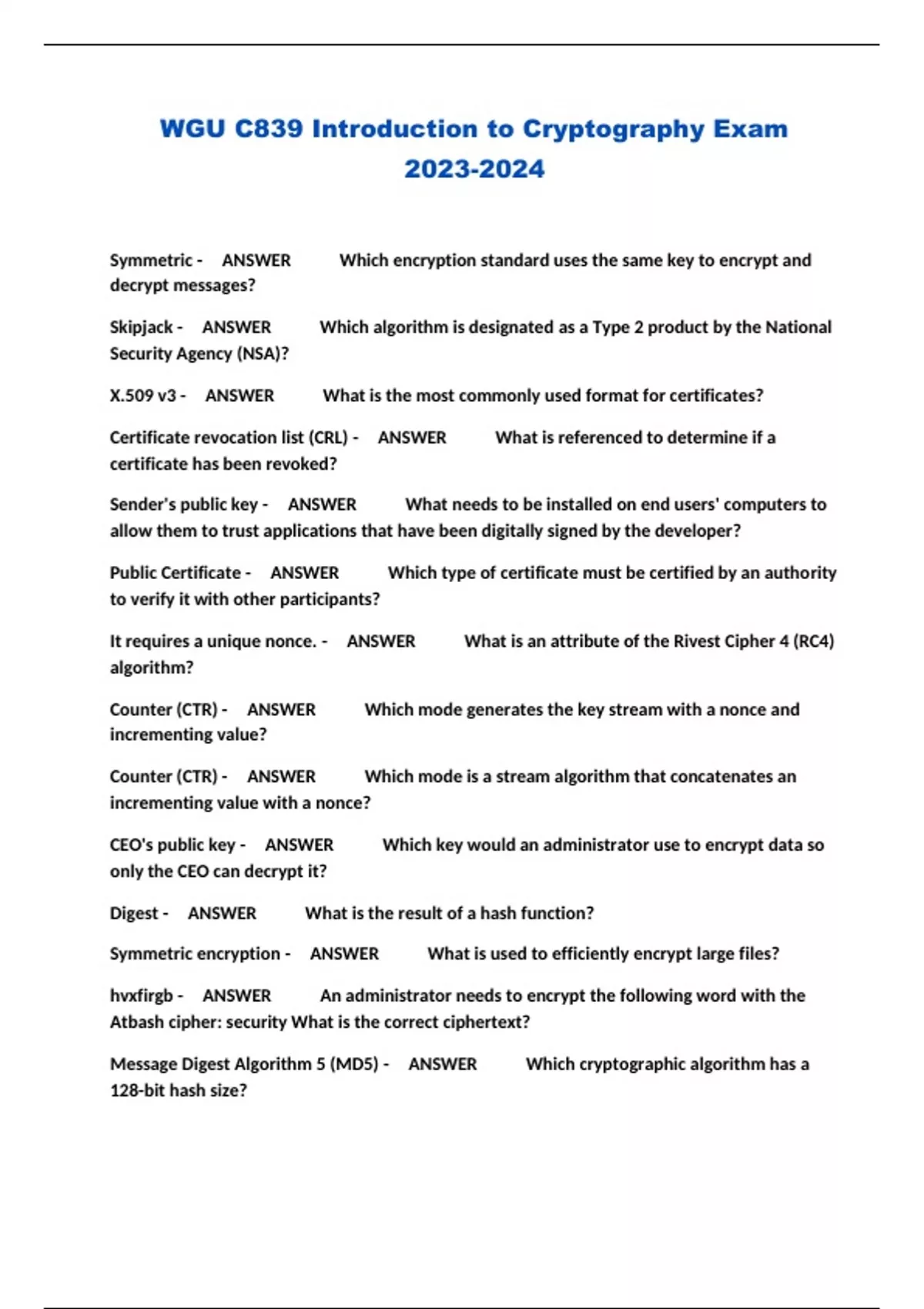 WGU C839 Introduction to Cryptography Exam - WGU C839 Introduction to Cryptography - Stuvia US