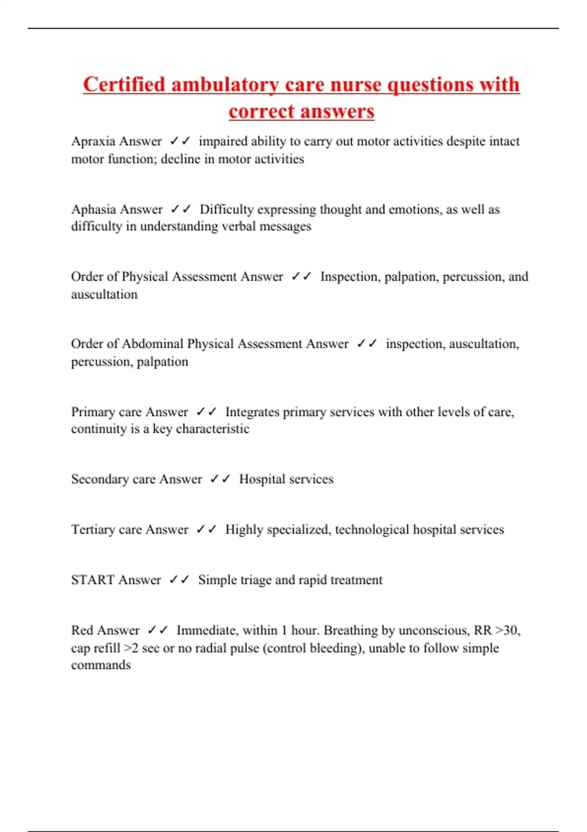 Certified ambulatory care nurse questions with correct answers - Certified ambulatory care ...