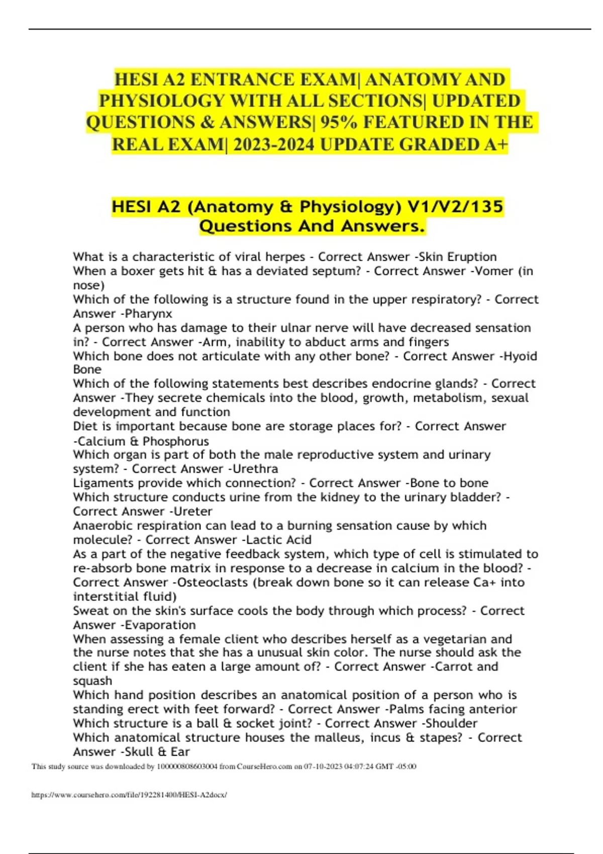 HESI A2 ENTRANCE EXAM| ANATOMY AND PHYSIOLOGY WITH ALL SECTIONS ...