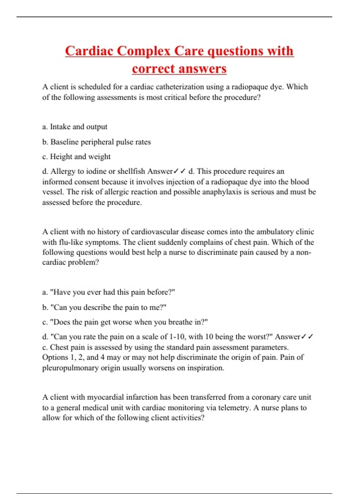 Cardiac Complex Care questions with correct answers - Cardiac Complex ...