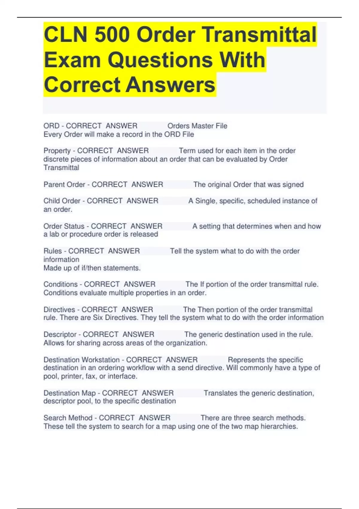 CLN500 Order Transmittal Exam Questions With Answers - CLN500 - Stuvia US