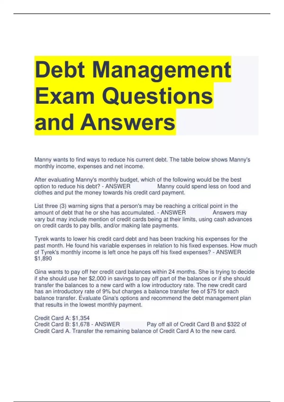 Debt Management Exam Questions and Answers - Debt Management - Stuvia US