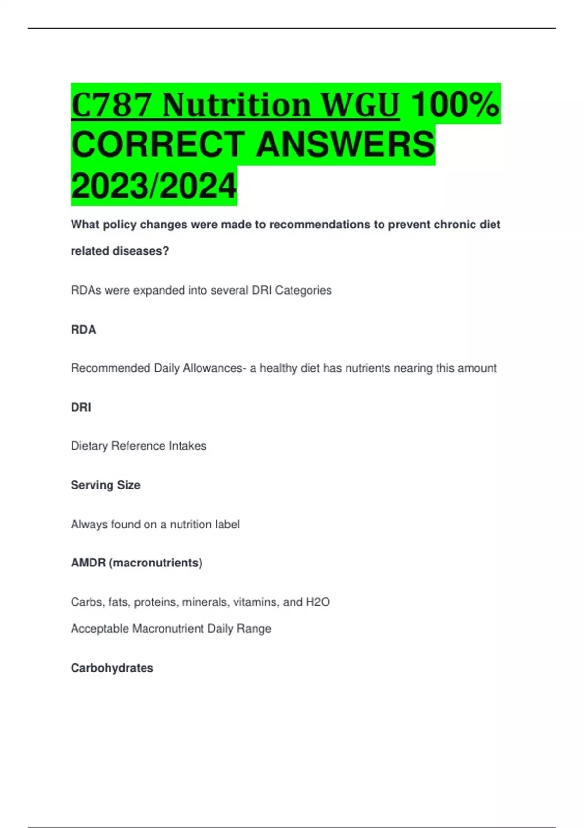 C787 Nutrition WGU 100% CORRECT ANSWERS 2023/2024 - C787 Nutrition WGU ...