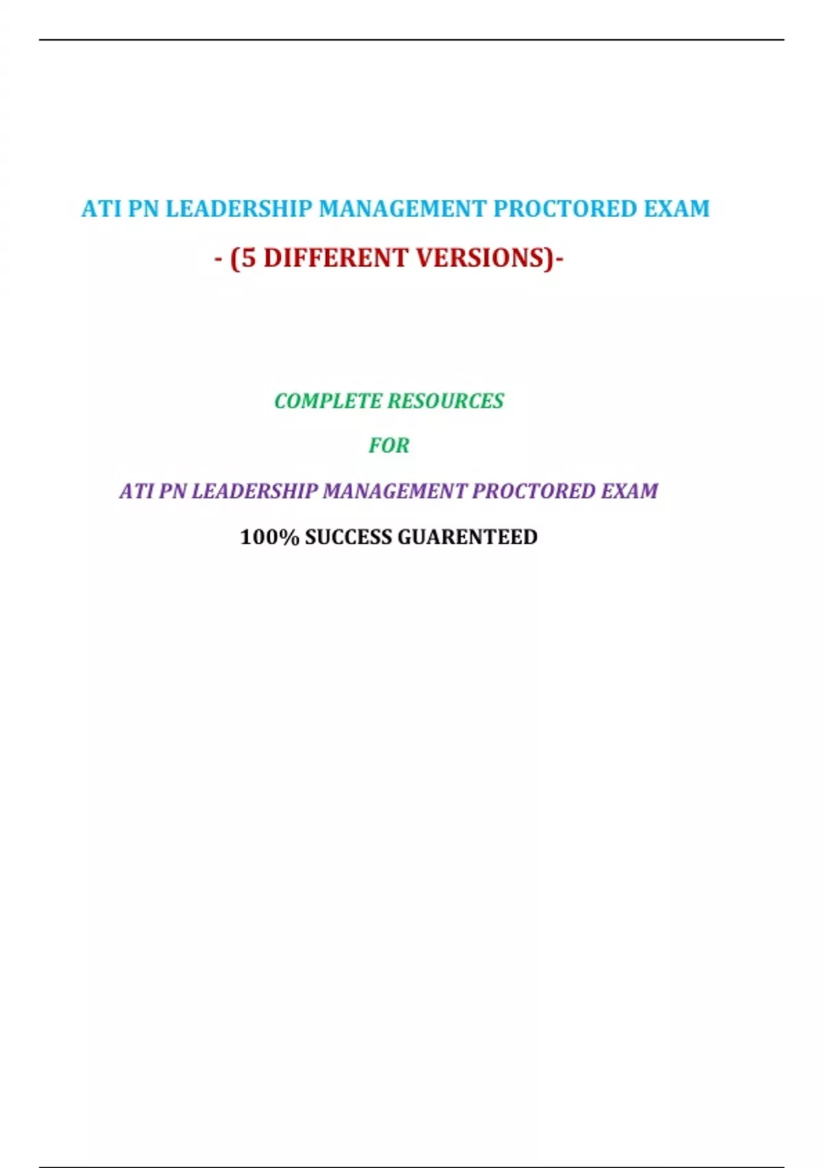 ATI PN Leadership Management Proctored Exam (5 Versions) (NGN, Latest ...
