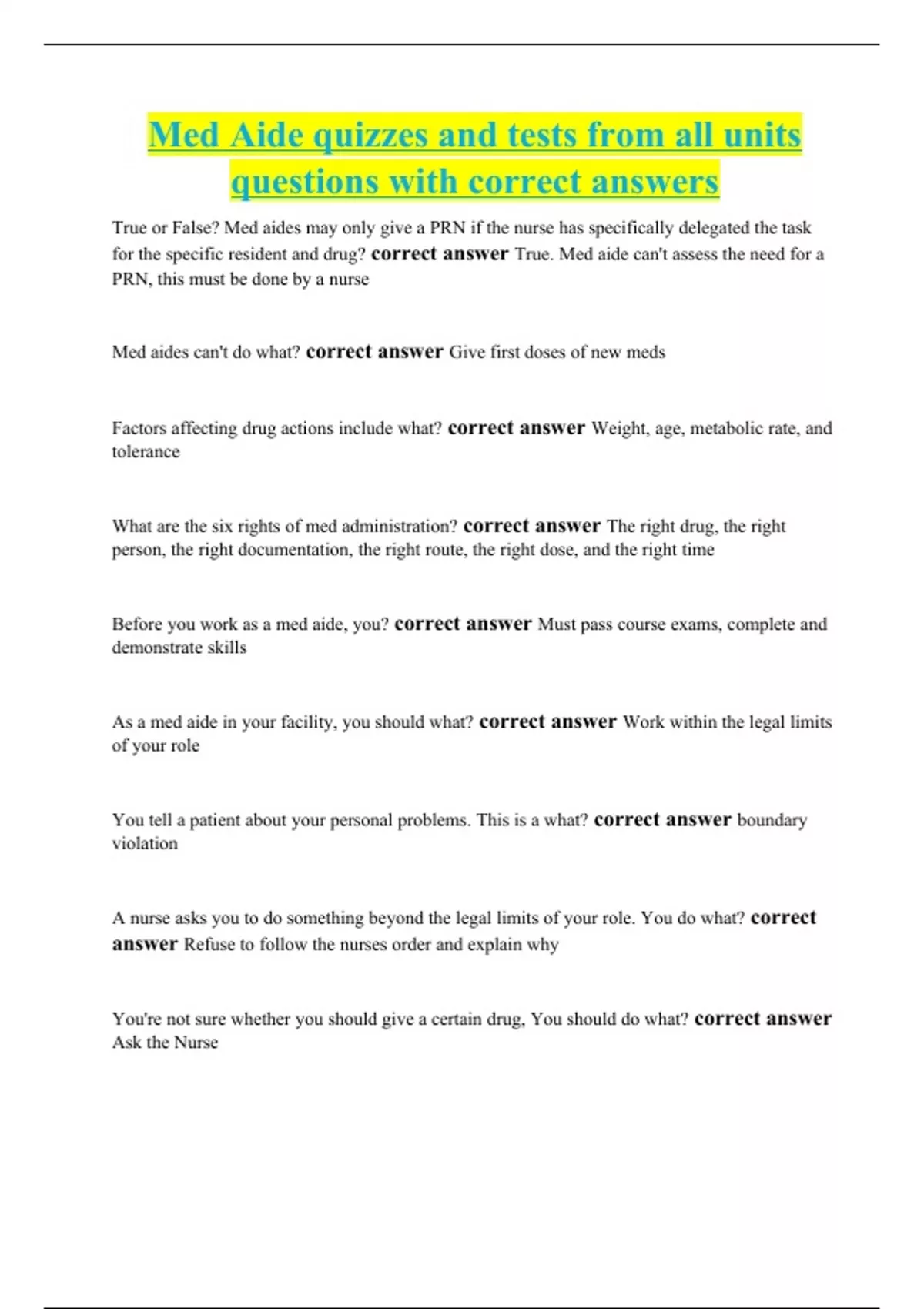 Med Aide quizzes and tests from all units questions with correct ...