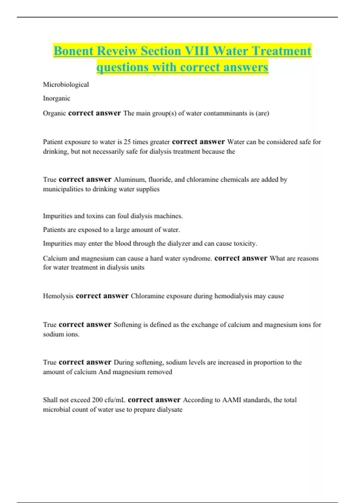 Bonent Reveiw Section VIII Water Treatment questions with correct ...