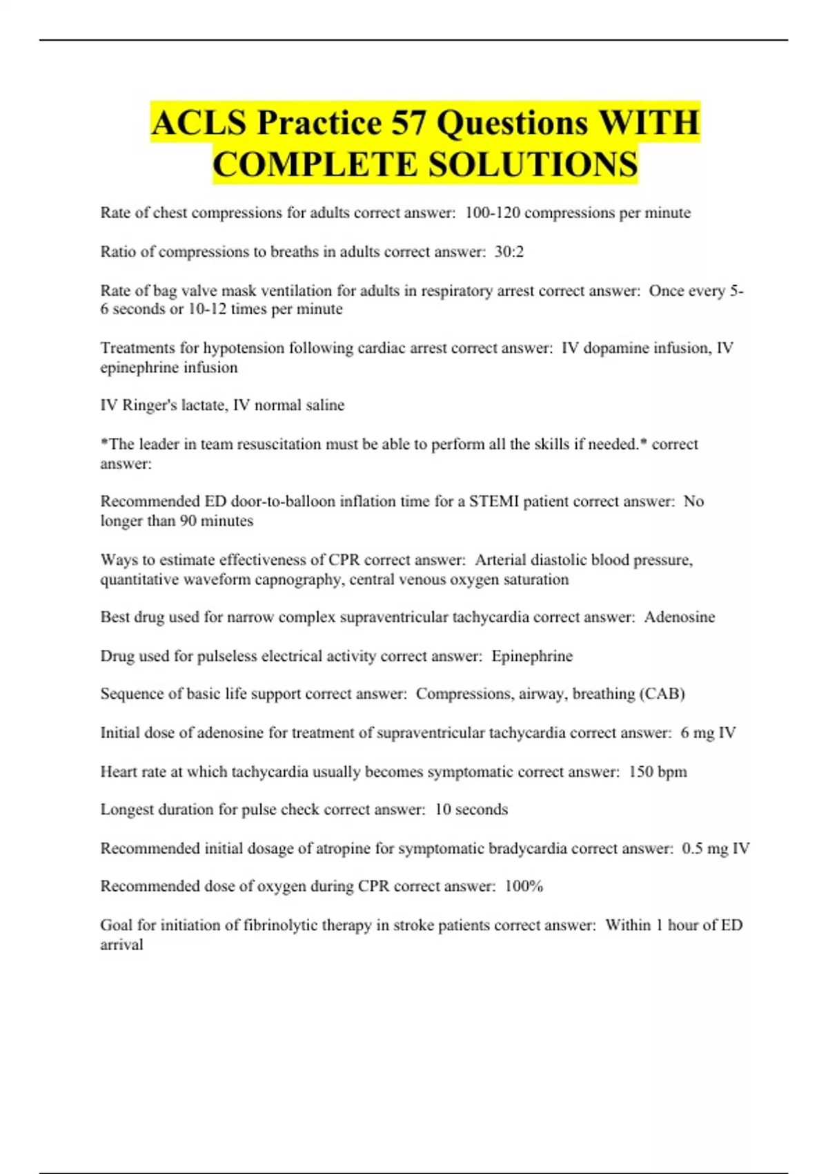 ACLS Practice /57 Questions WITH COMPLETE SOLUTIONS - Nursing - Stuvia US