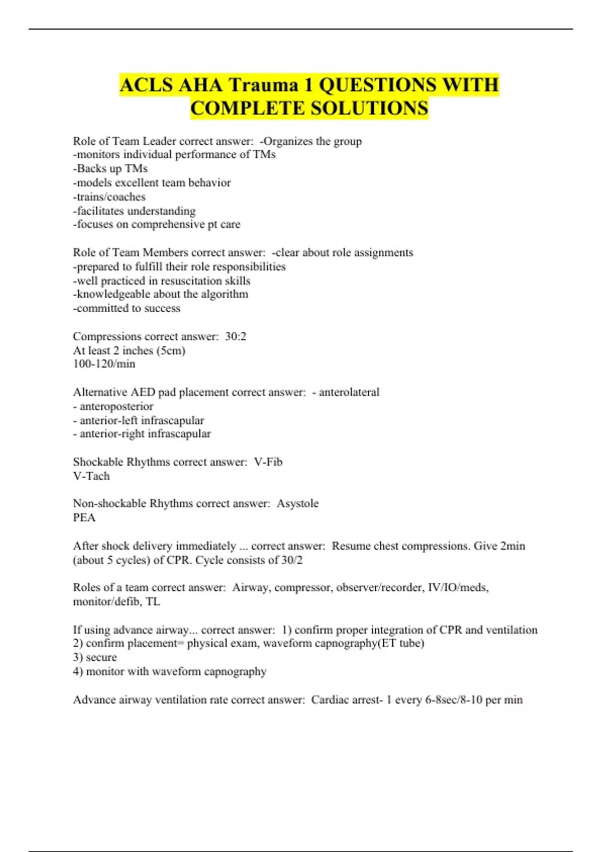 ACLS AHA Trauma 1 /QUESTIONS WITH COMPLETE SOLUTIONS - Nursing - Stuvia US