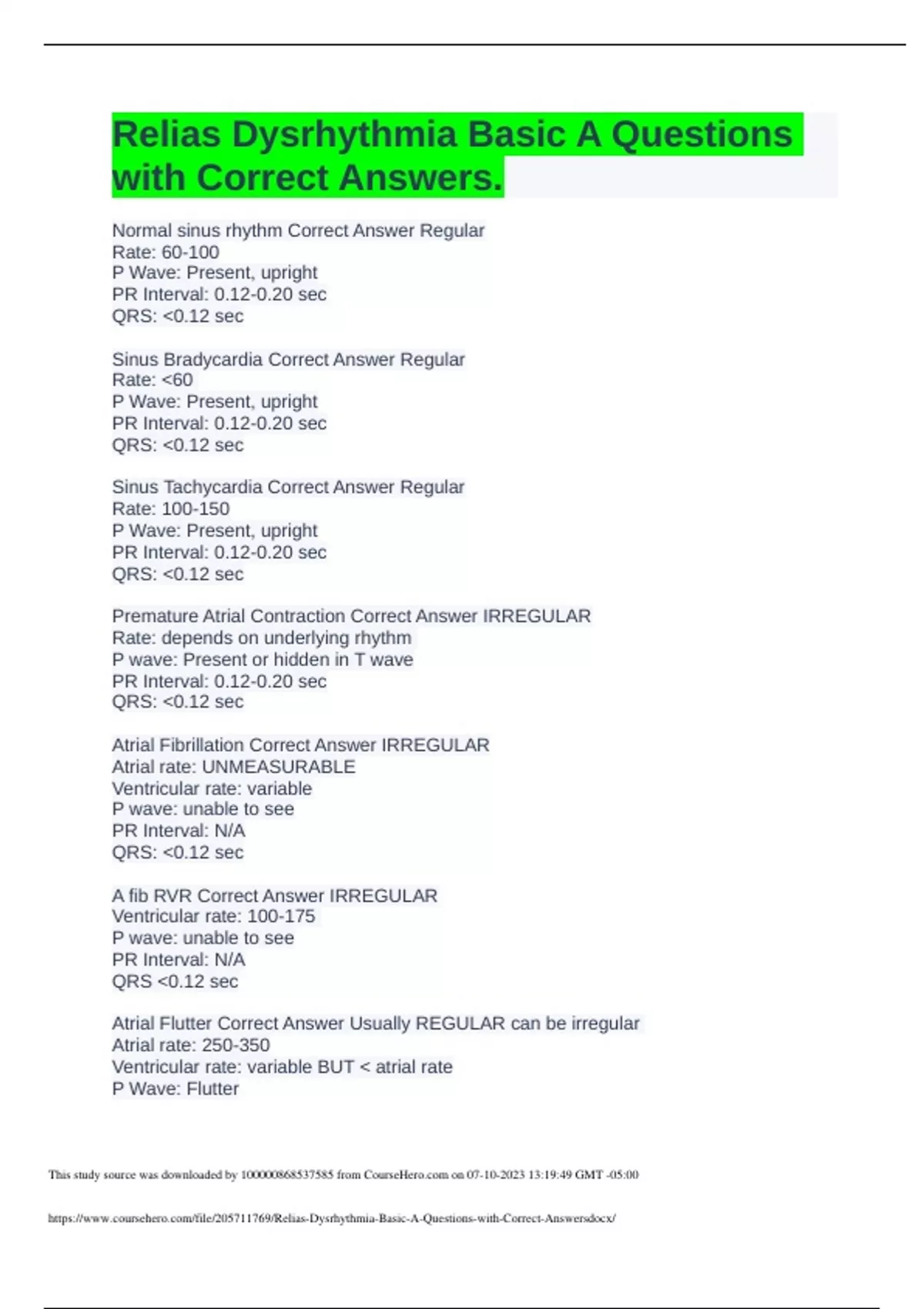 Relias Dysrhythmia Basic A (Questions with Correct Answers) - Relias ...