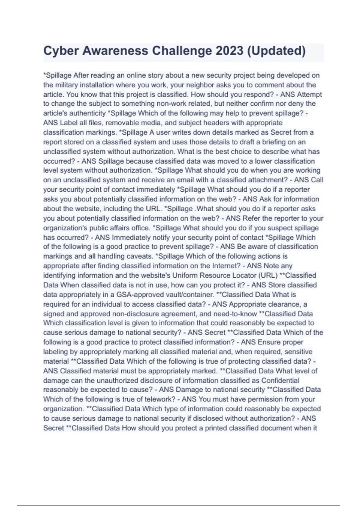 Cyber Awareness Challenge 2023 (Updated)Summary Cyber Awareness ...