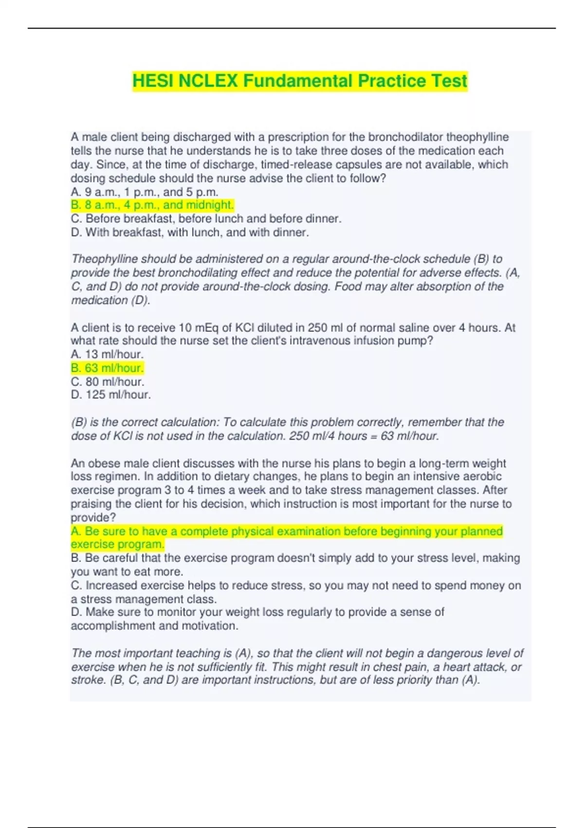 HESI NCLEX Fundamental Practice Test - Answered with Explanations ...
