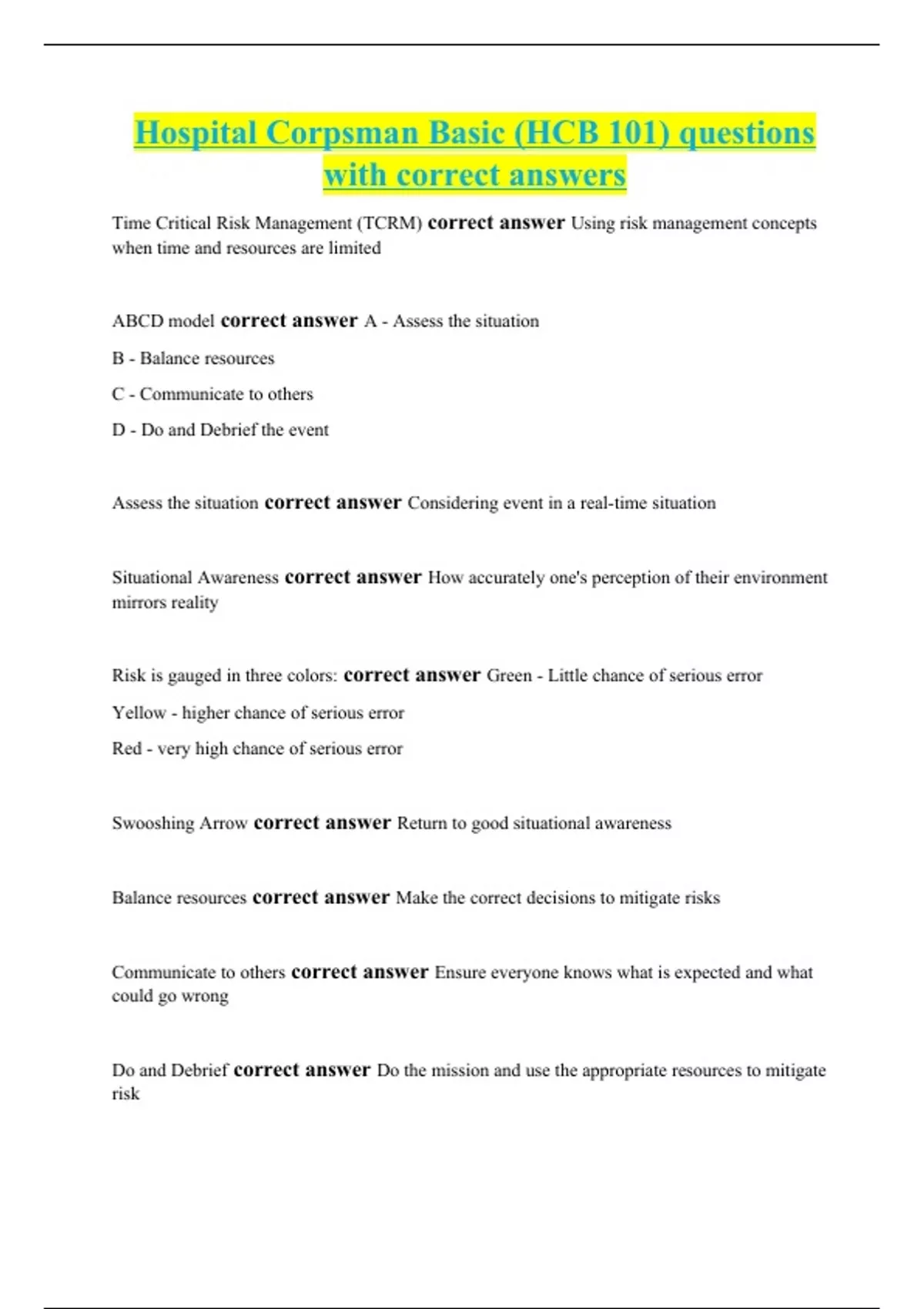 Hospital Corpsman Basic (HCB 101) questions with correct answers ...