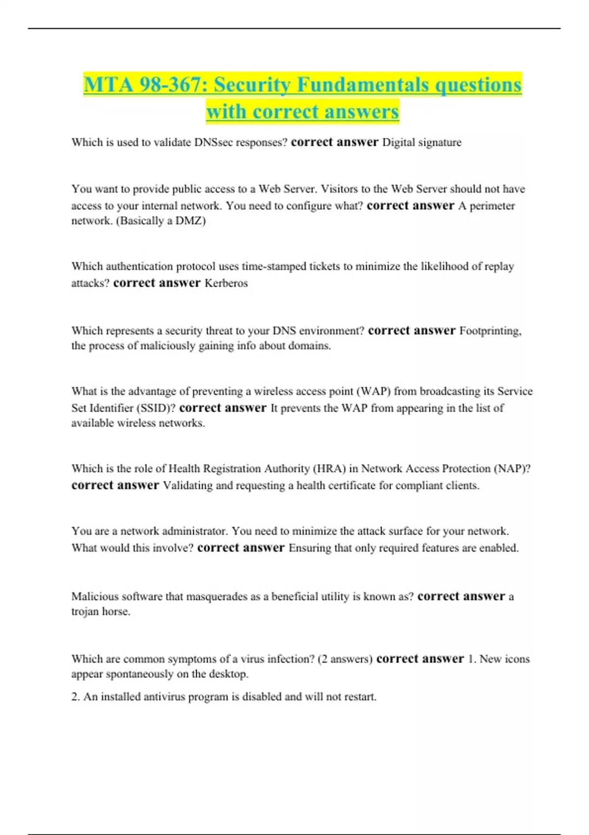 Mta 98 367 Security Fundamentals Questions With Correct Answers Mta Microsoft Technology