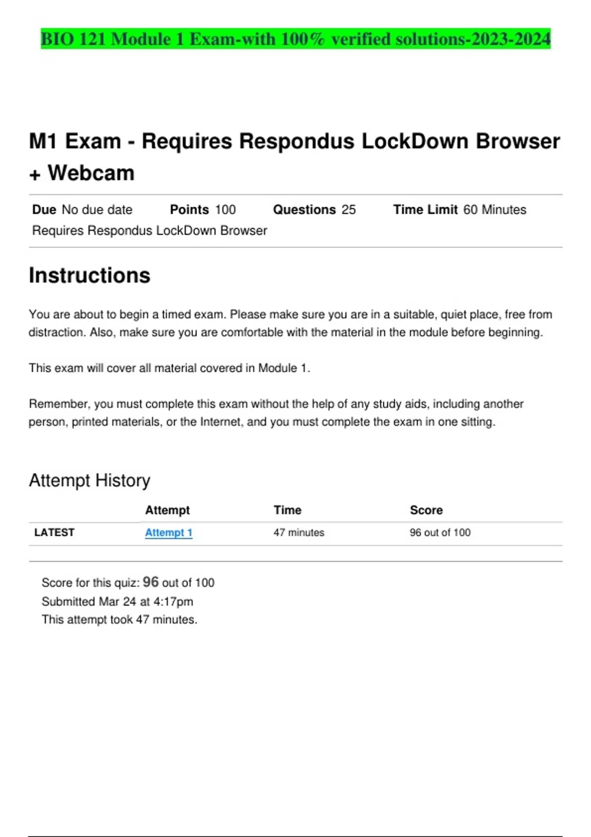 BIO 121 Module 1 Exam-with 100% verified solutions- - BIO 121 (BIO121 ...