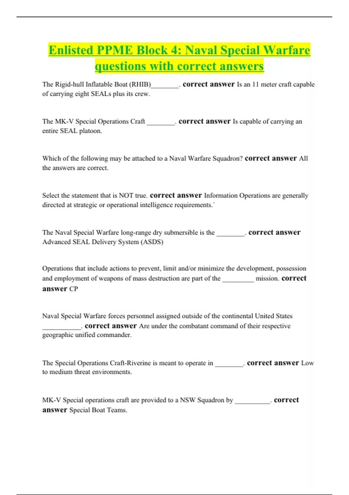 Enlisted PPME Block 4: Naval Special Warfare questions with correct ...