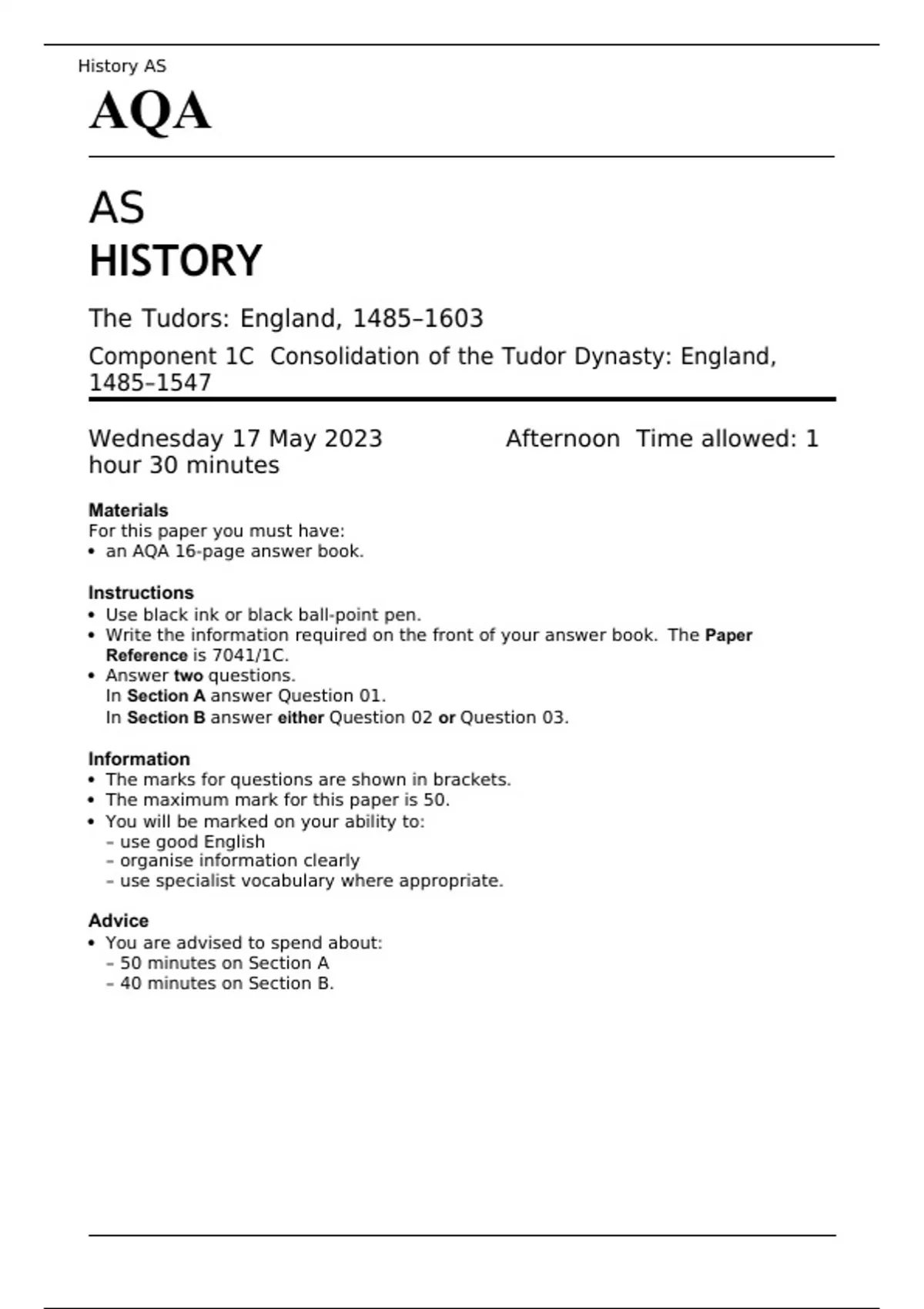 AQA AS HISTORY The Tudors: England, 1485–1603 Component 1C MAY 2023 ...
