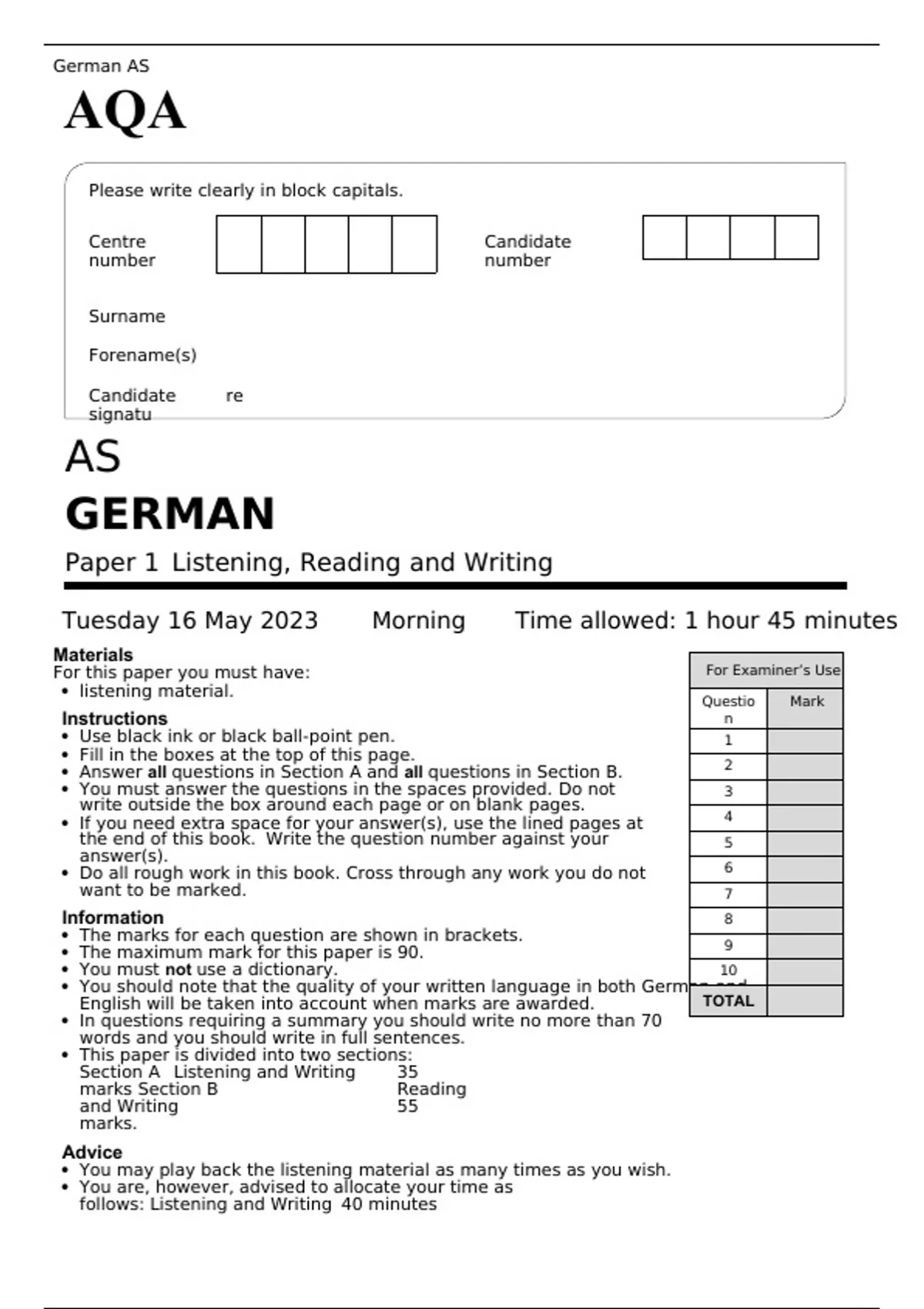 AQA AS GERMAN Paper 1 MAY 2023 QUESTION PAPER: Listening, Reading and ...