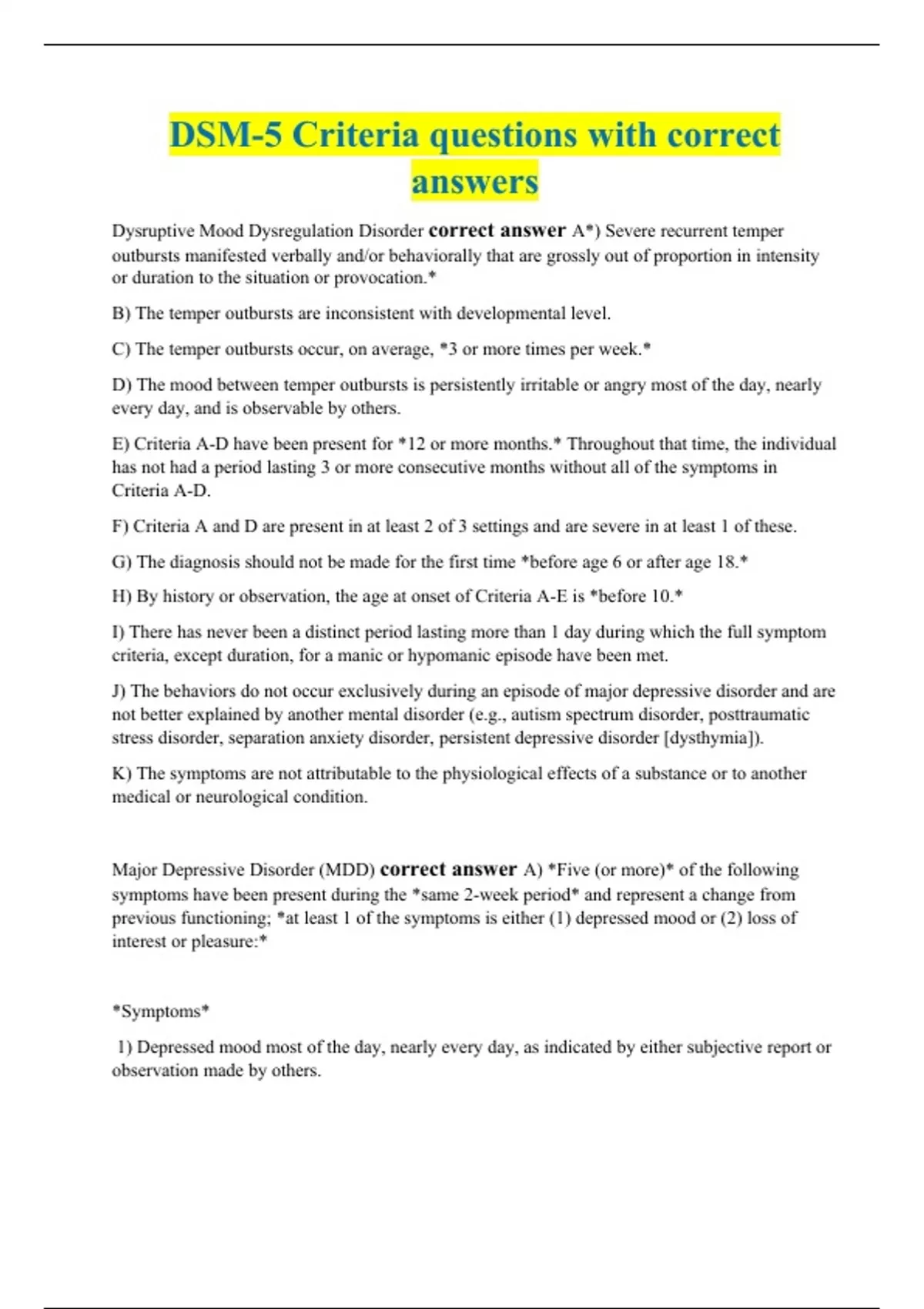 DSM-5 Criteria questions with correct answers - DSM - Stuvia US